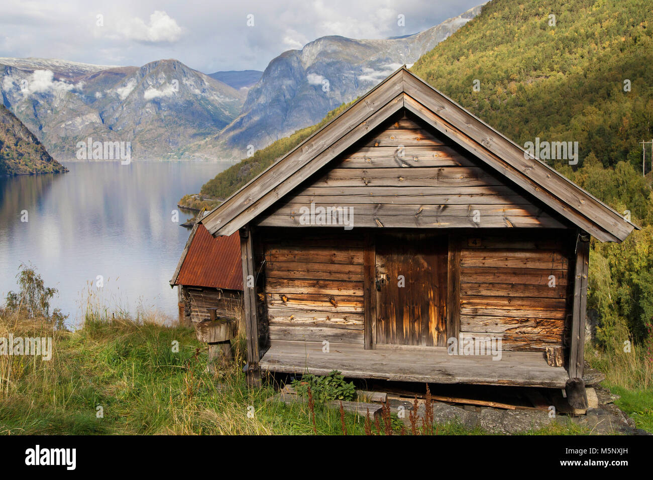Ancient storehouse in Otternes and the Aurlandsfjord, Sogn og Fjordane ...