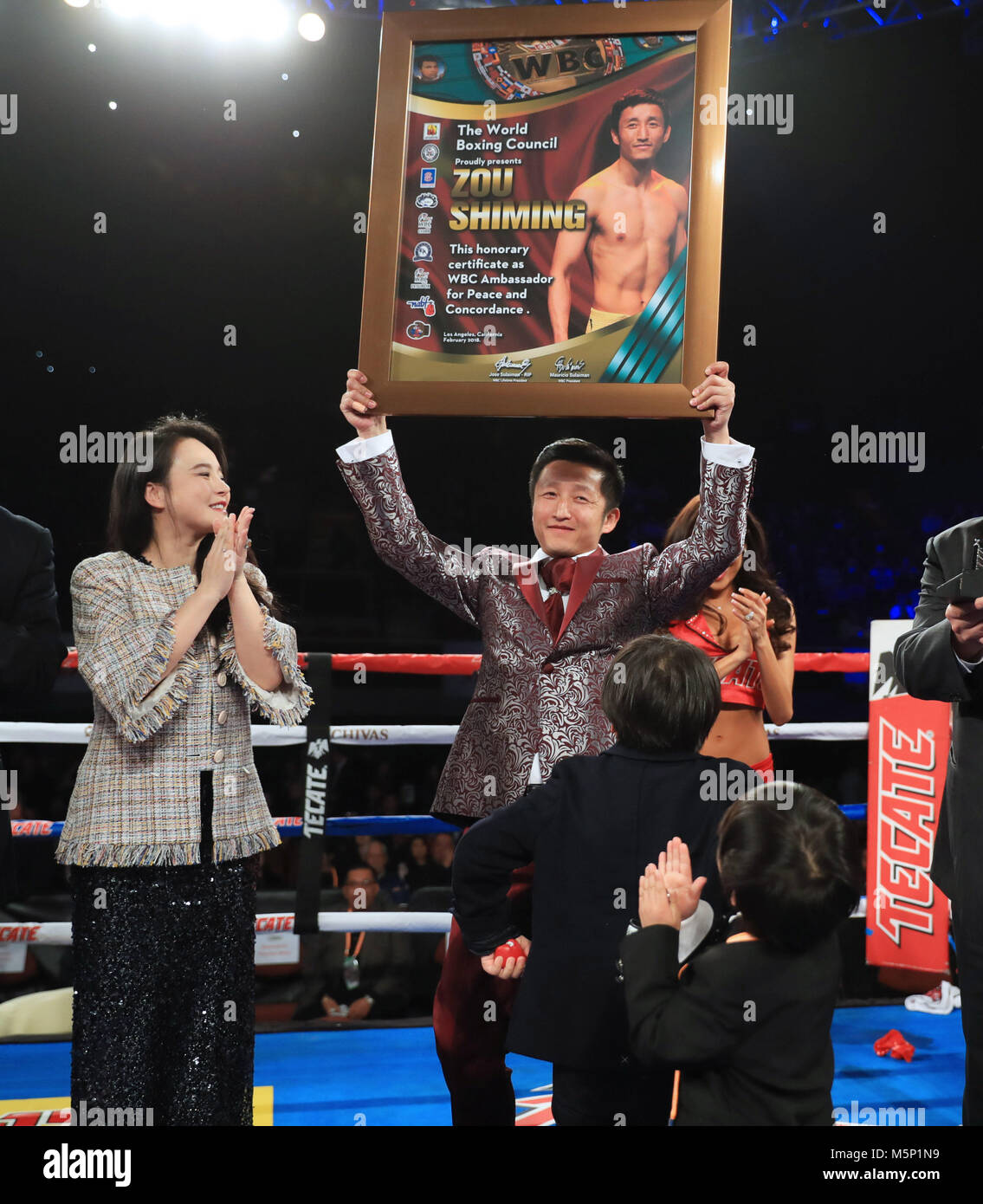 Los Angeles, USA. 24th Feb, 2018. China's boxer Zou Shiming (Top, R ...