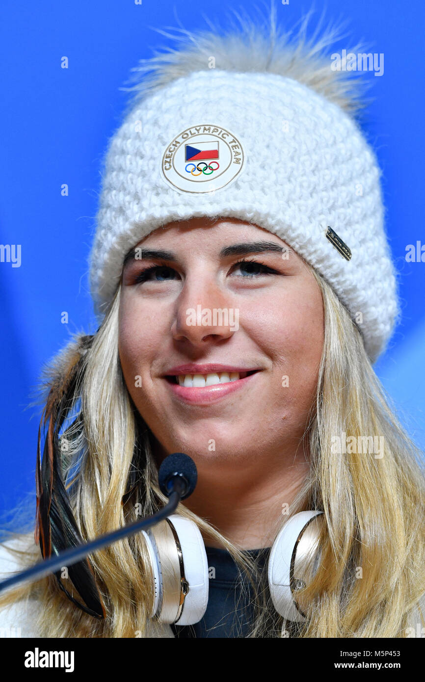 Pyeongchang, Korea, Republic Of. 25th Feb, 2018. Czech Ester Ledecka attends a news conference ...