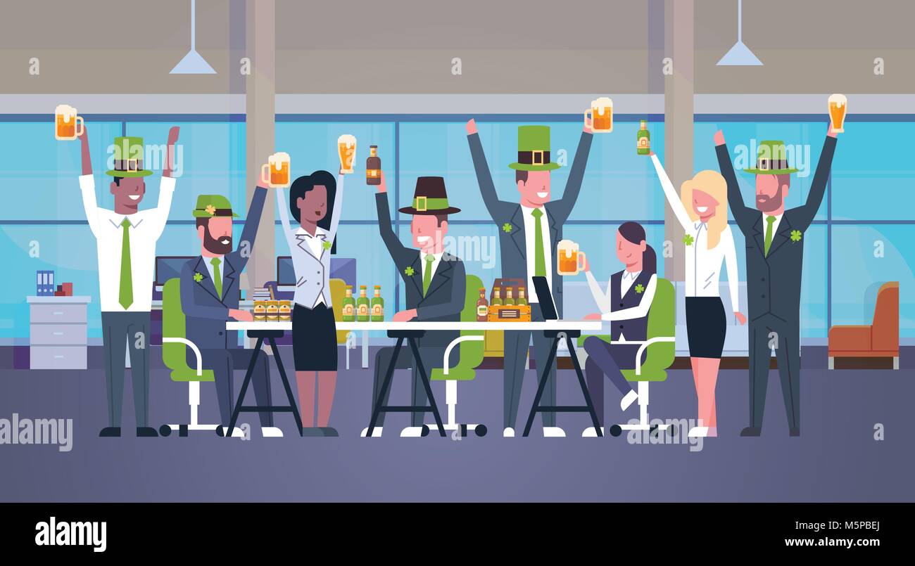 Office Workers Celebrate Happy St. Patrick Day At Workplace Wear Green ...