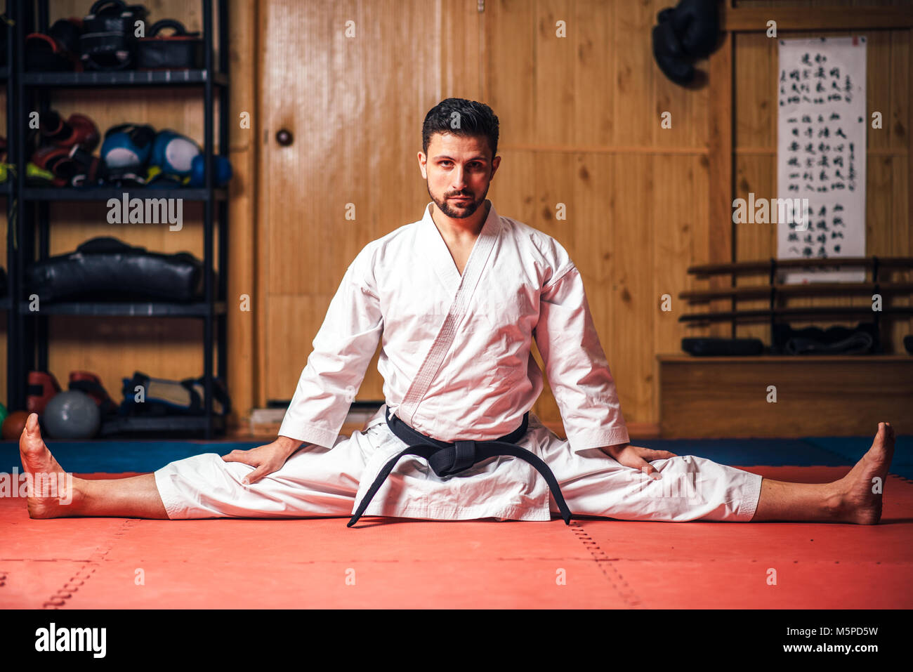 Martial arts karate master in white kimono and black belt doing ...