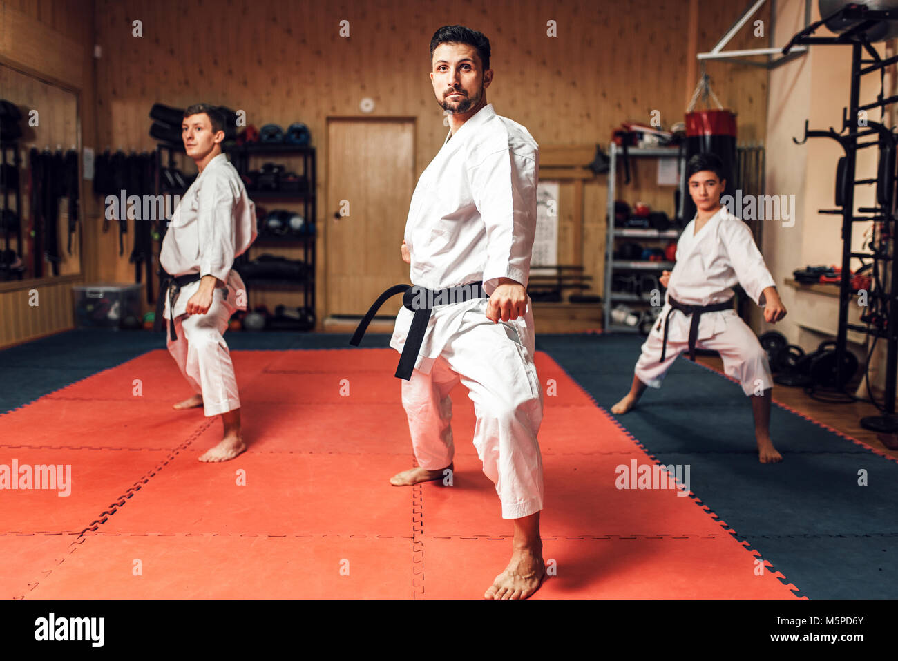 Martial arts karate master and his disciples in white uniform and black ...