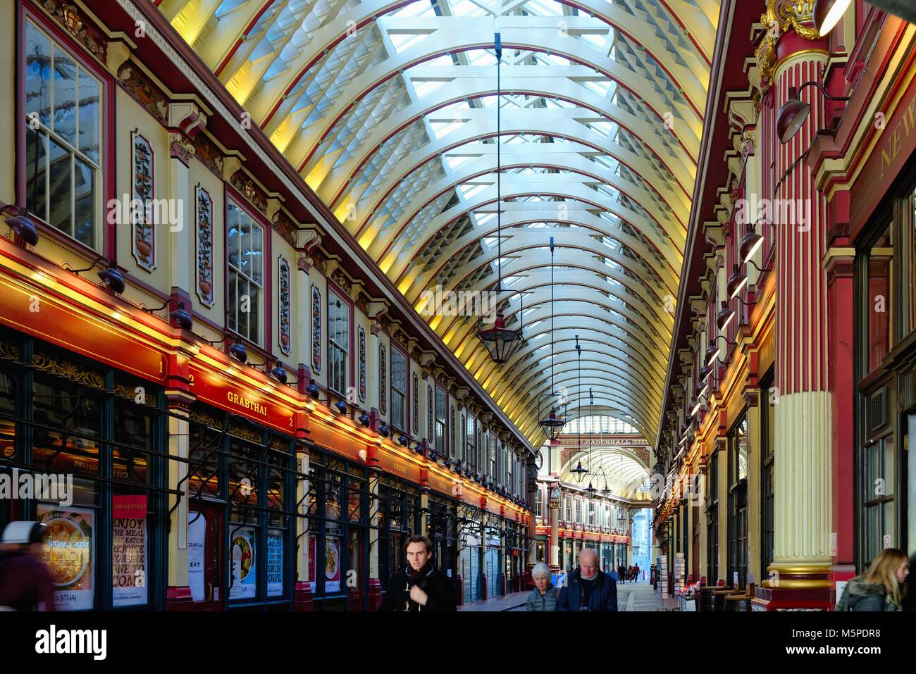 The decorative glass roof of Leadenhall Market in the city of London ...