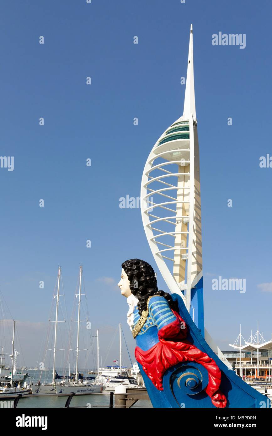 The Spinnaker Tower and ships figurehead at Gunwharf Quay Portsmouth ...