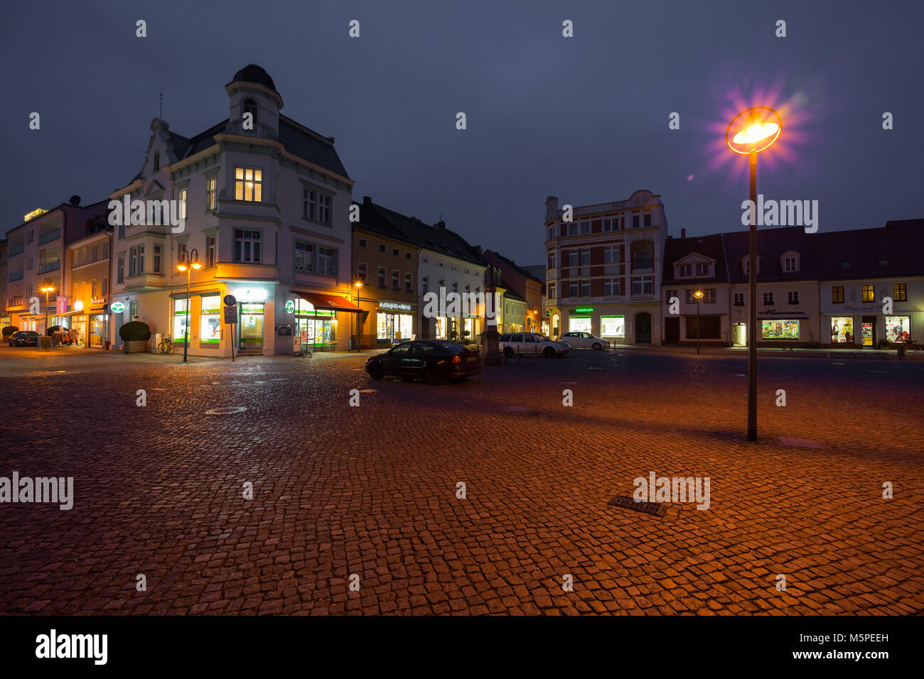Night streets of the old town. The ancient city of Senftenberg. Federal ...