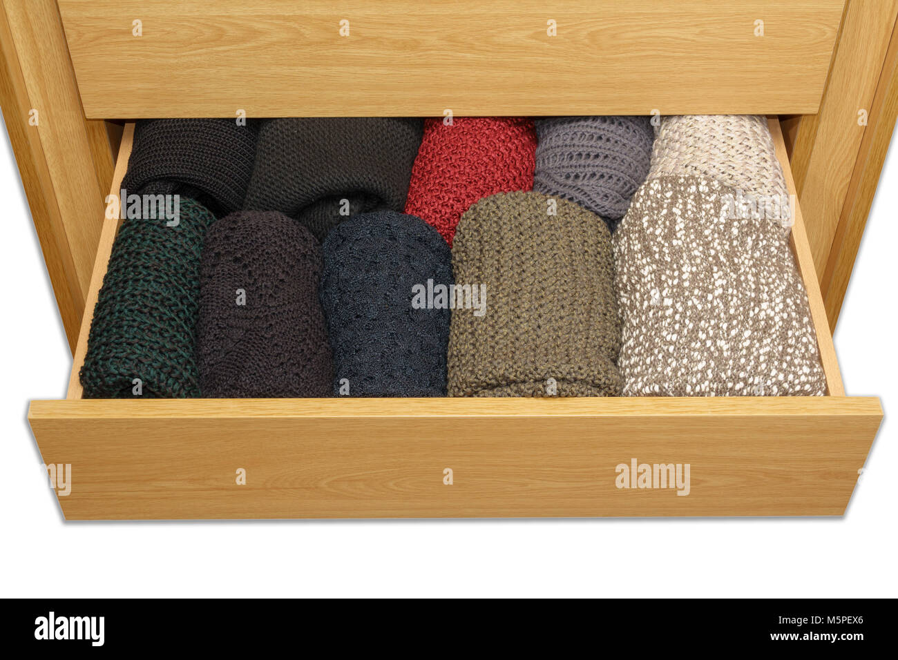 Open a well-organized drawer box, top view, white background Stock ...