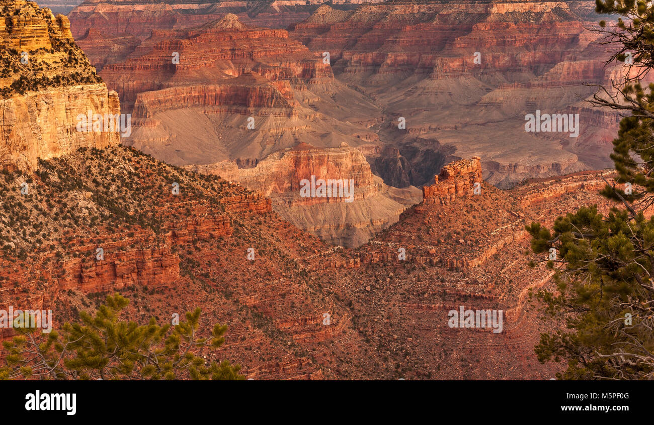 Sunrise at The Grand Canyon, the rising sun picks out interesting rock ...