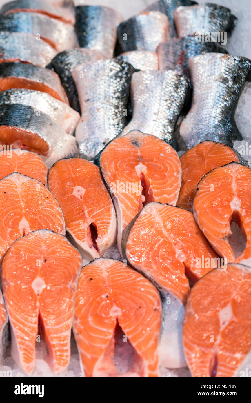 Salmon Fillet in Ice on the supermarket counter Stock Photo - Alamy