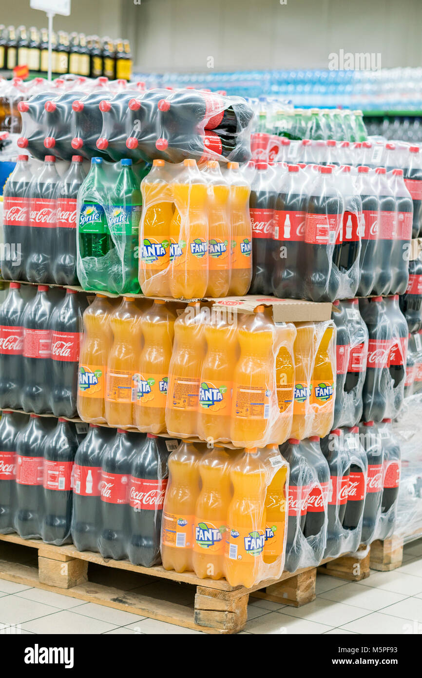 Kiev, Ukraine. February 1 2018. pallets with Coca-Cola phantom and ...