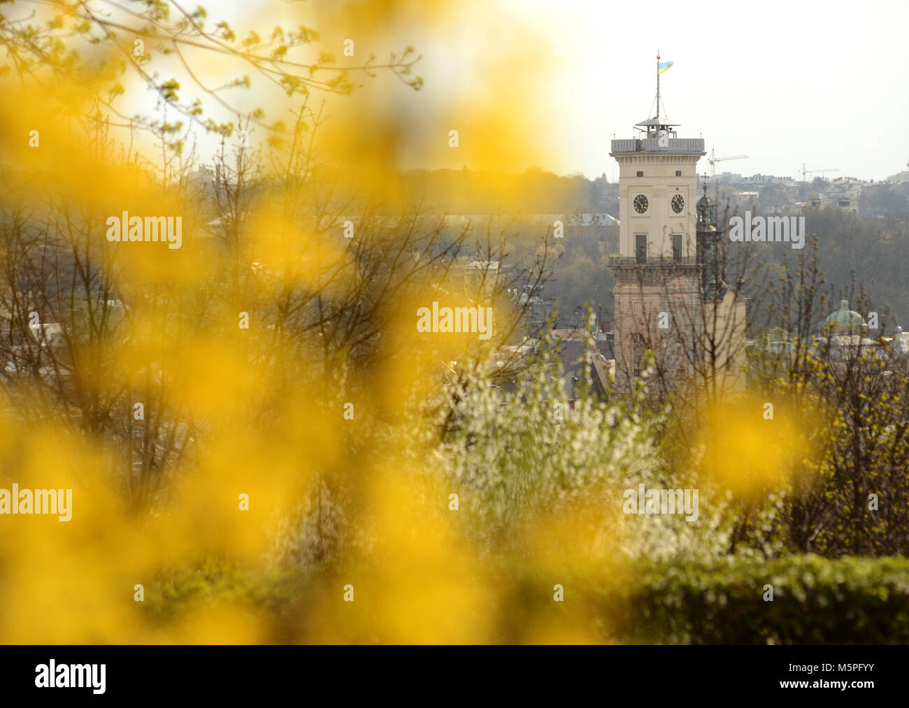 Lviv City Hall tower. Spring in Lviv, Ukraine Stock Photo - Alamy