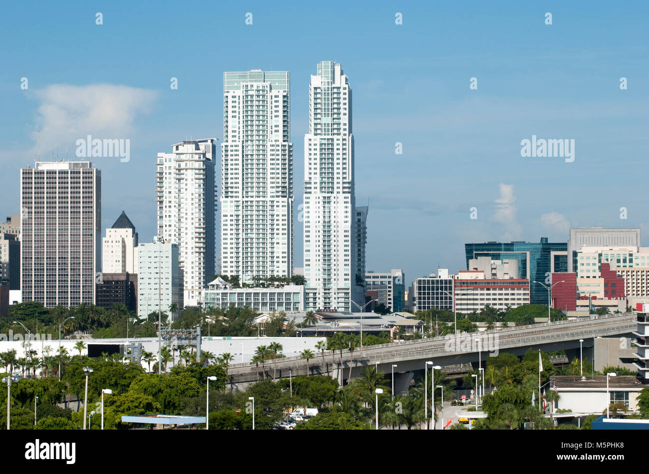 The view of Miami downtown with Port Boulevard bridge (Florida Stock ...
