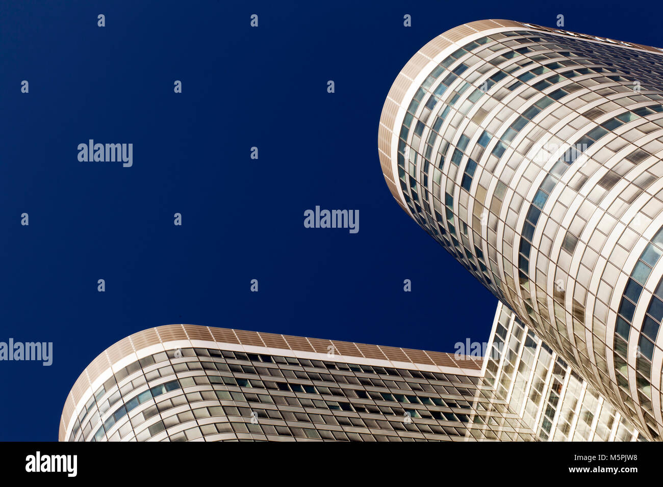 A rare view of curved and geometric modern skyscraper office buildings ...