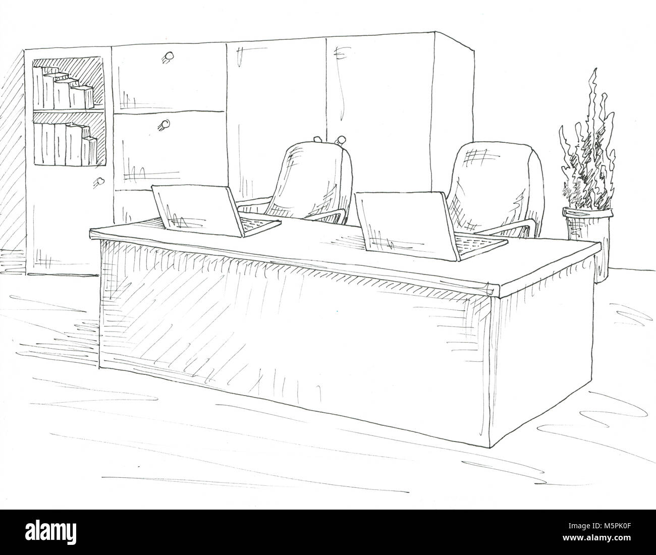 Workplace at the computer. Desk, office chair, two laptops. Sketch with ...