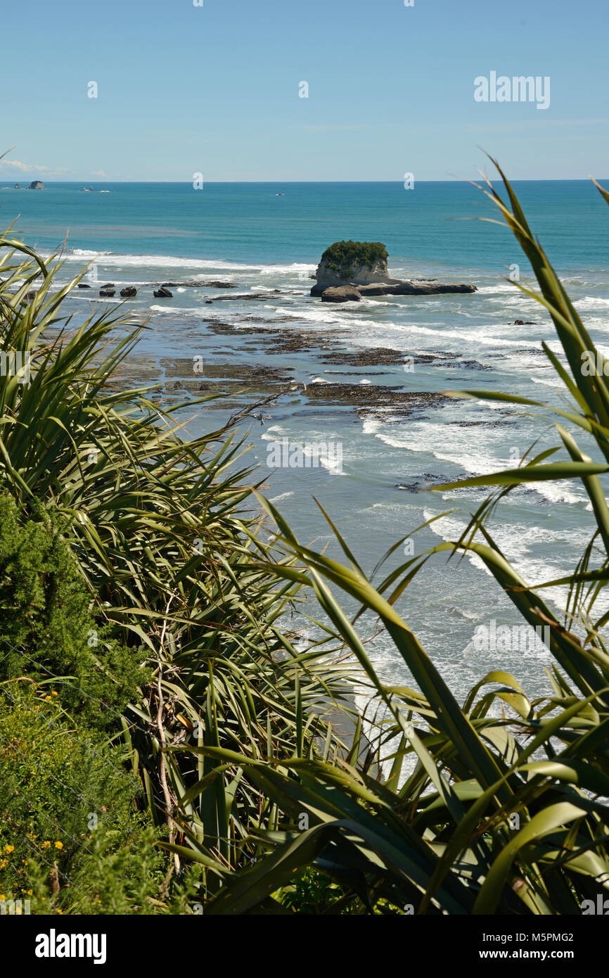 native bush frames a beach at low tide on a West Coast beach, South ...