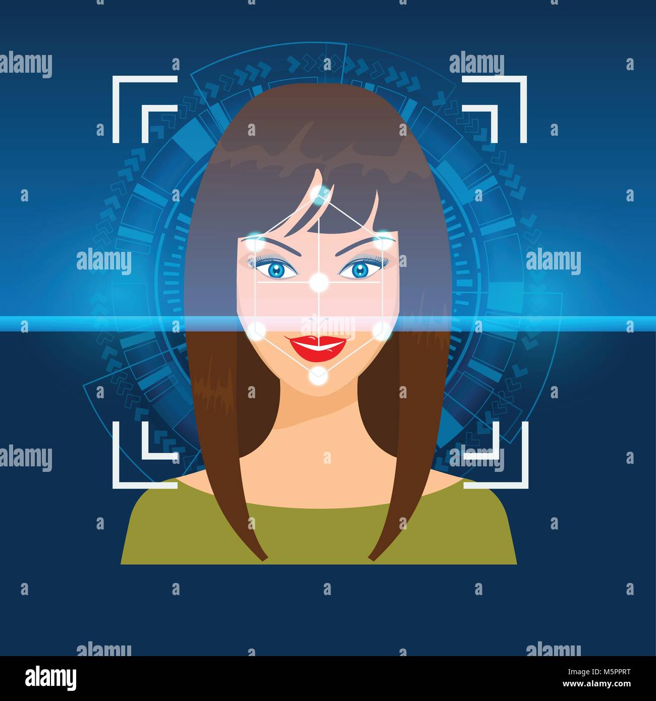 Face Recognition or Faceprint technology scanning woman's face with ...