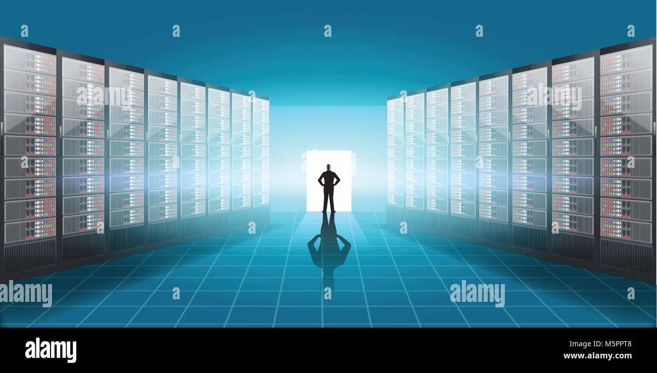 Vector Realistic Server room illustration, man silhouette in the door ...