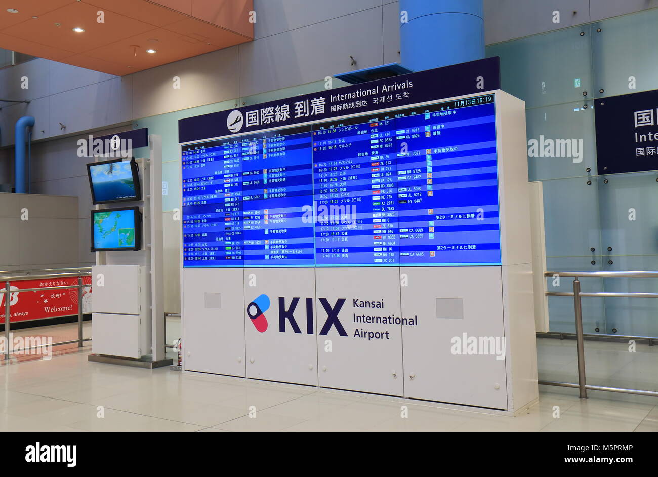 Arrival information board displays arrival schedules at Kansai ...