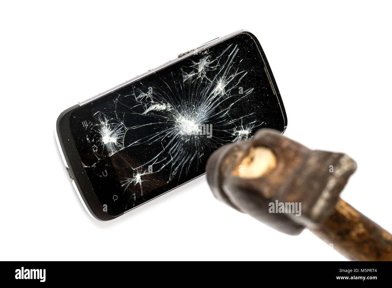 black broken phone, on white background, hammer on screen, after ...