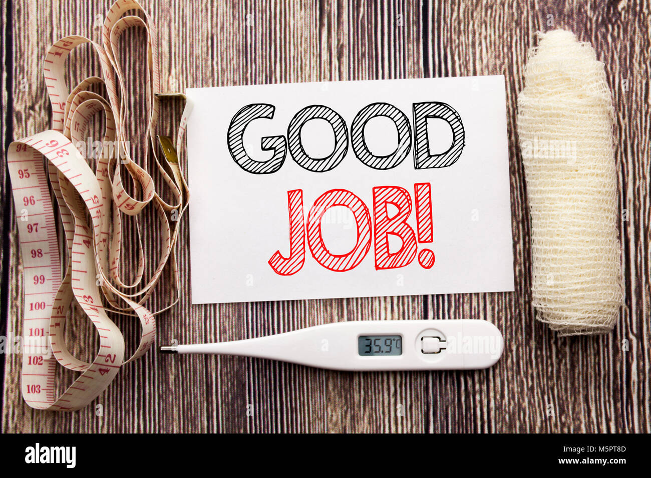 Handwritten text showing Good Job. Business fitness health concept ...