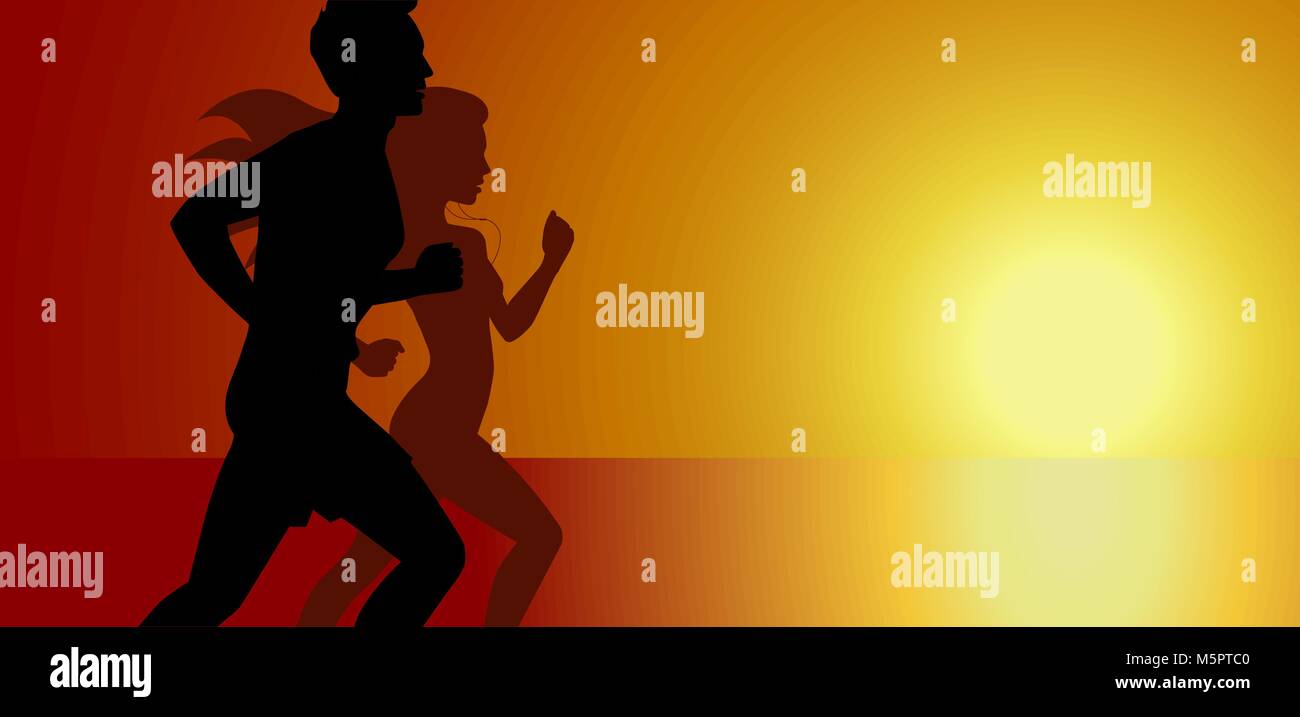 Runners silhouettes of running man and woman on sunset background ...