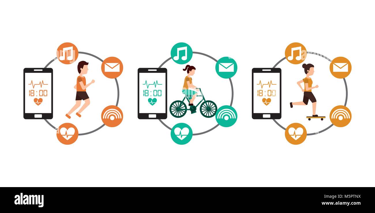 set sport people activity athletic with smartphone healthy application ...