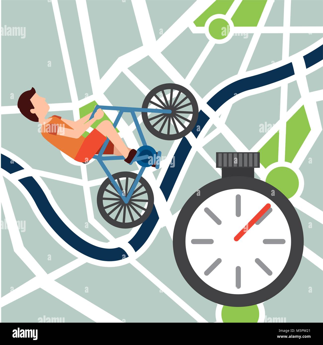 young man riding bike in navigation map stopwatch Stock Vector Image ...