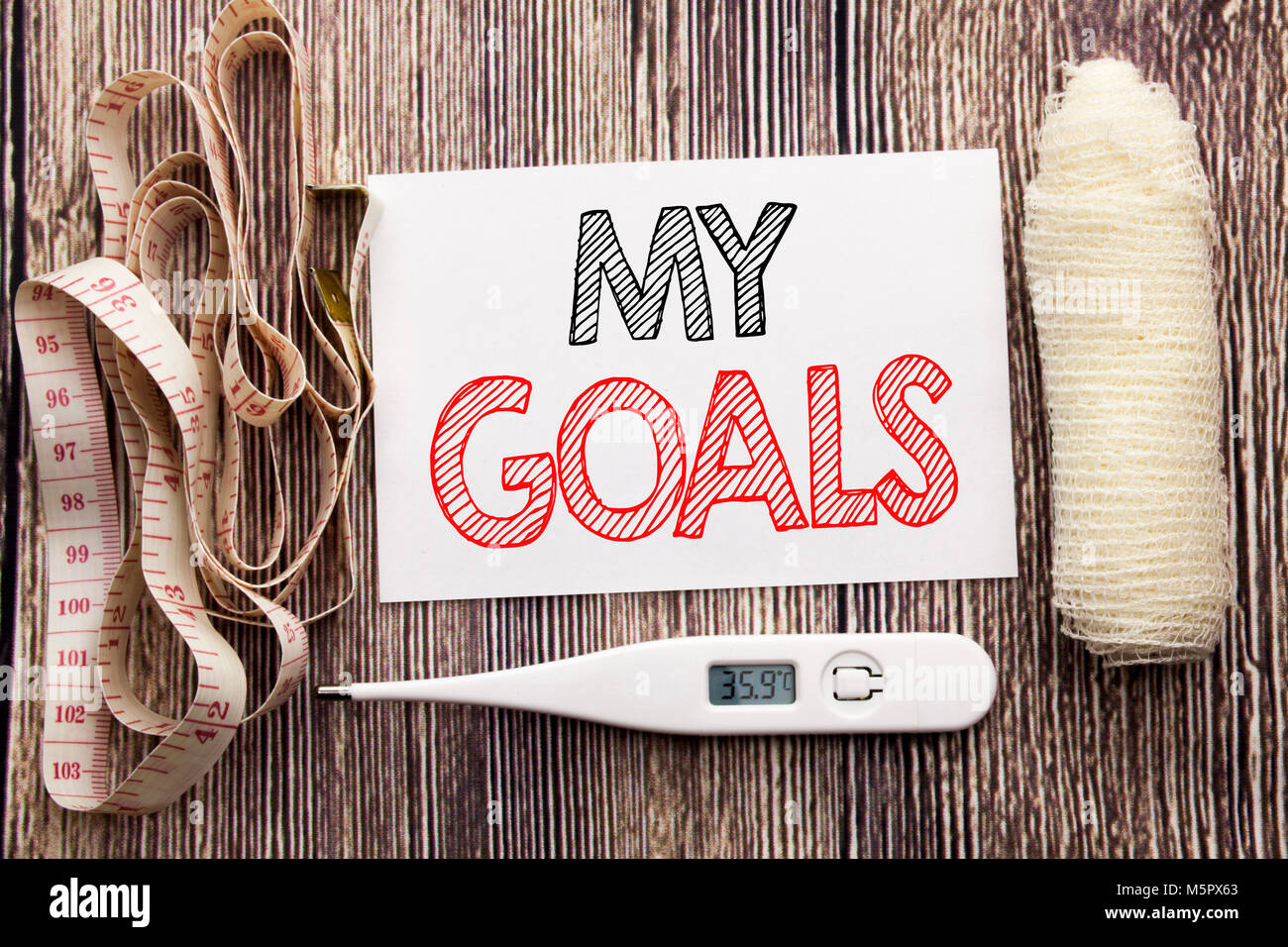 Handwritten text showing My Goals. Business fitness health concept ...