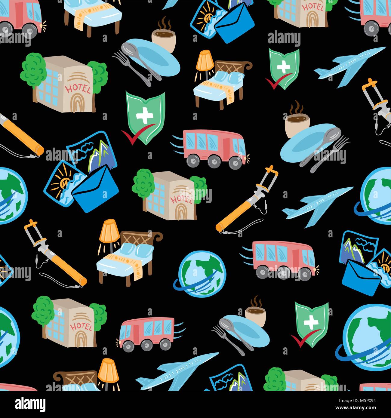 Touristic Seamless texture with transport, hotel, insurance and food ...