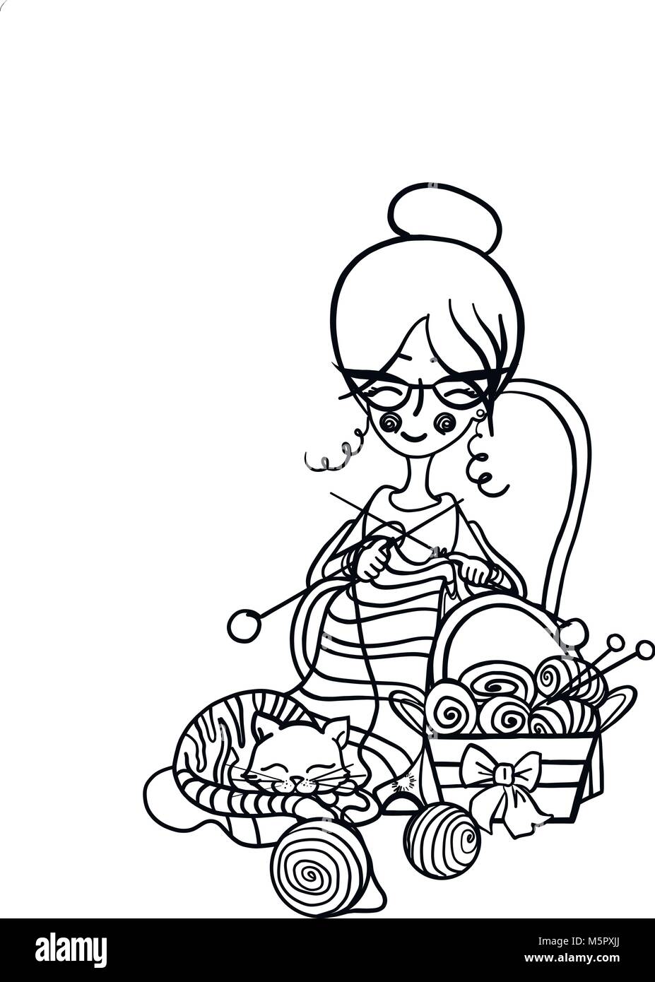 Cartoon Cute Smiling Granny Woman Sits In A Chair And Knits Knitting