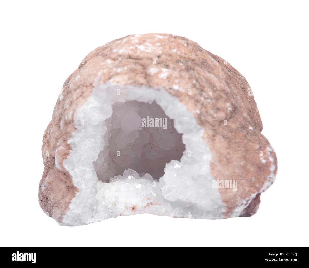 Clear crystal quartz geode with crystalline druzy center isolated on ...