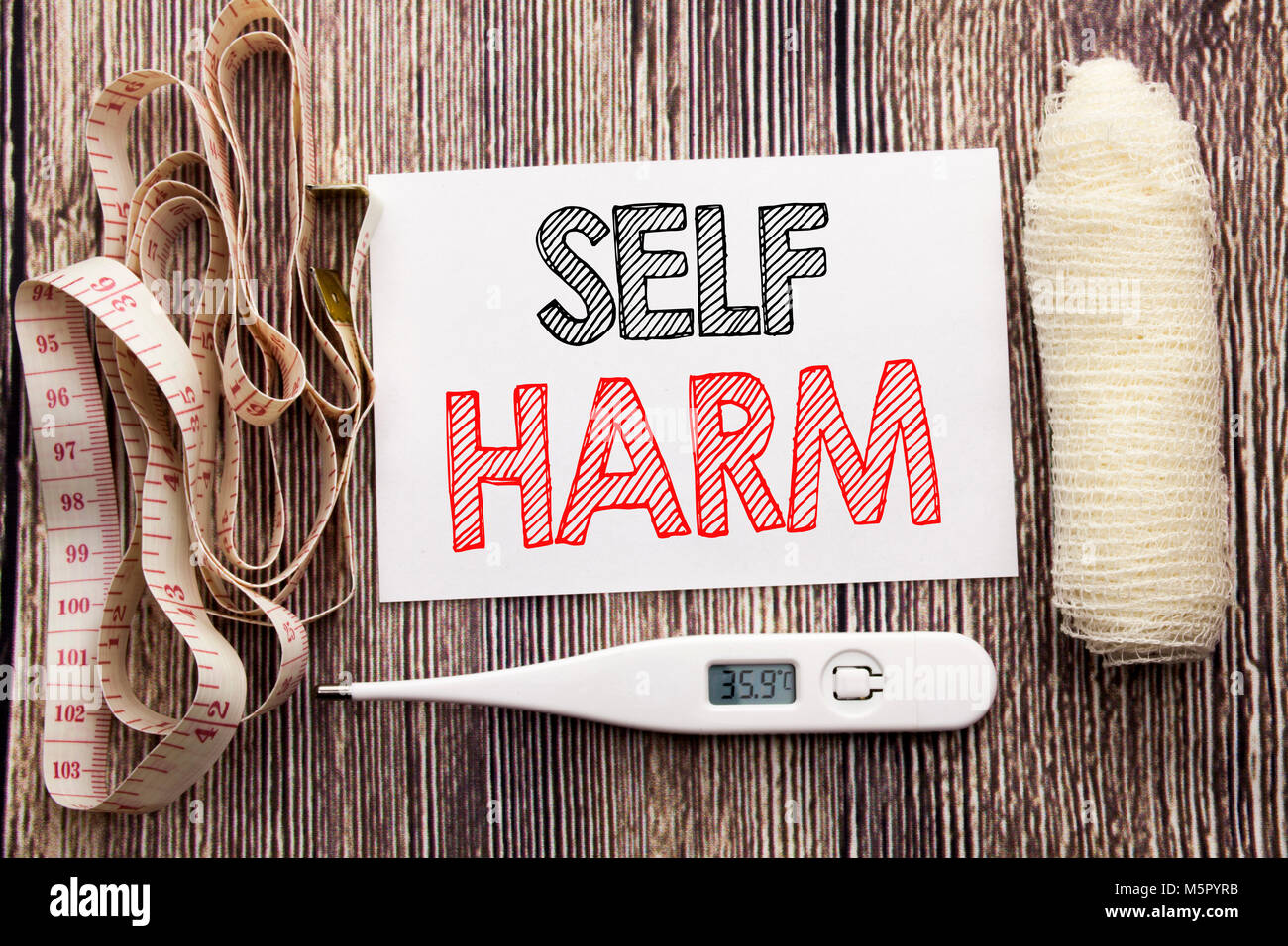 Handwritten text showing Self Harm. Business fitness health concept ...