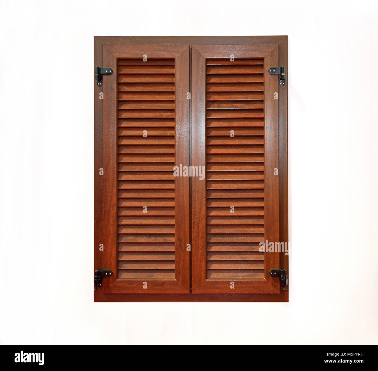 Closed window with brown wooden blinds from outside Stock Photo - Alamy