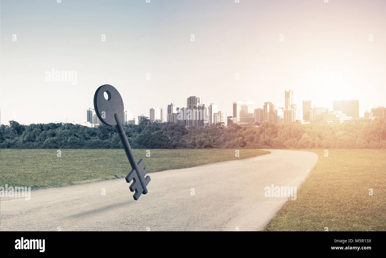 Conceptual background image of concrete key sign on asphalt road Stock ...