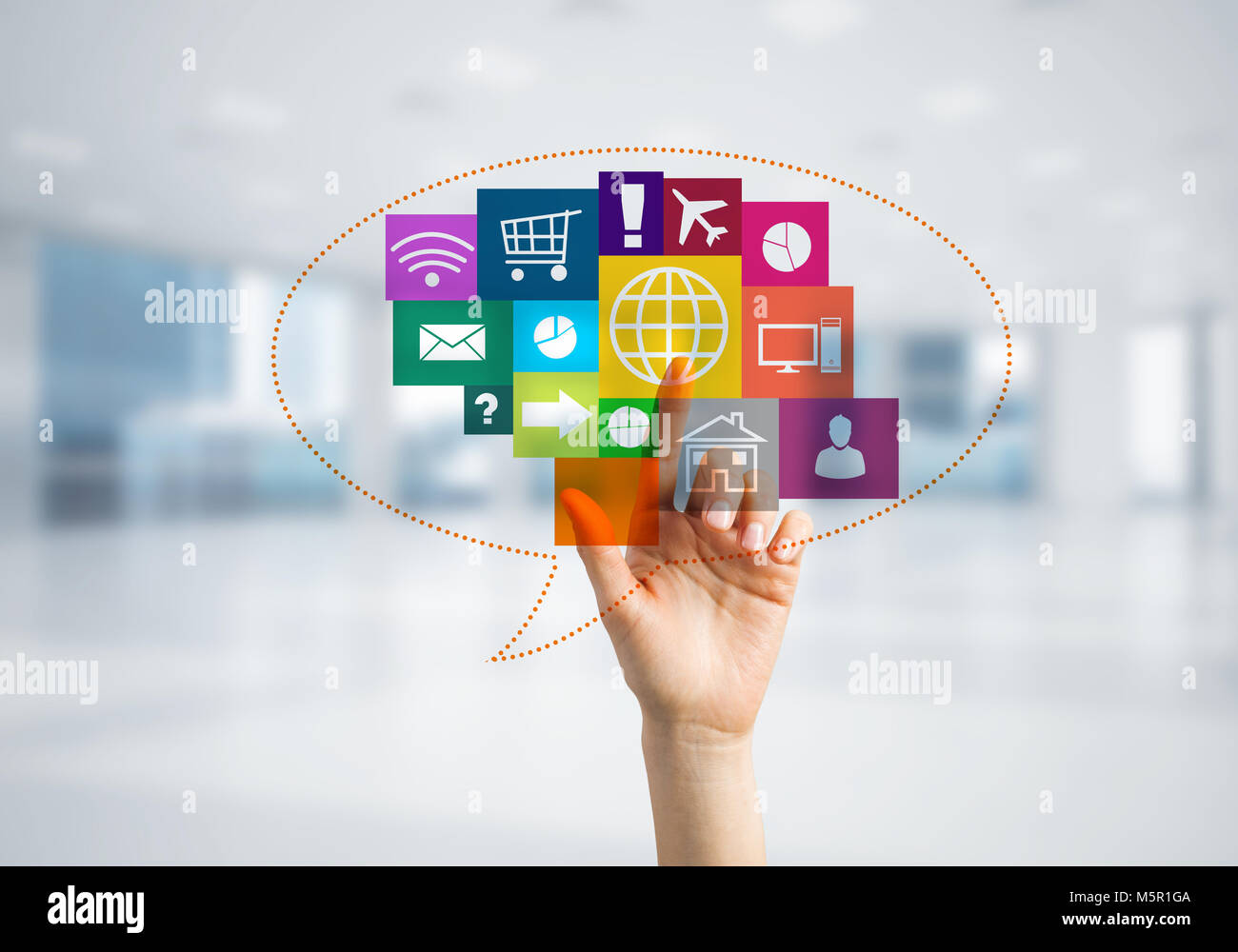 Modern office interior and close of businesswoman hand choosing icon on ...