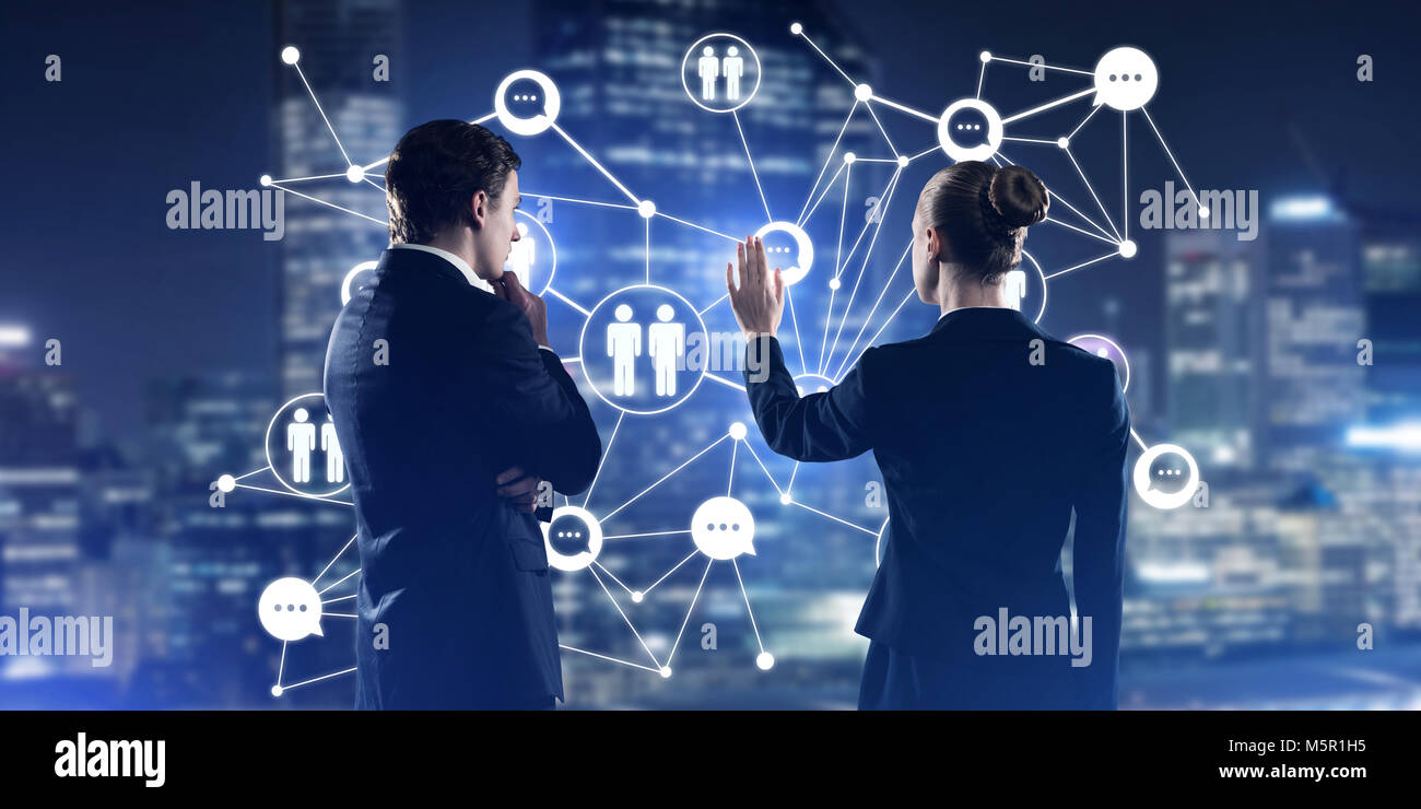 Concept of social connection and networking against night city view and ...