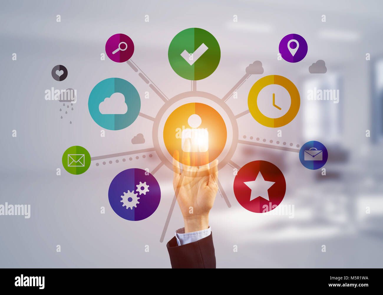 Modern office interior and close of businesswoman hand choosing icon on ...