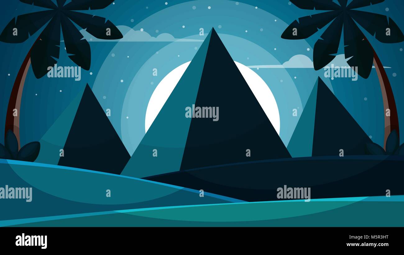 Cartoon egypt landscape. Pyramid, sun, palm illustration Stock Vector ...