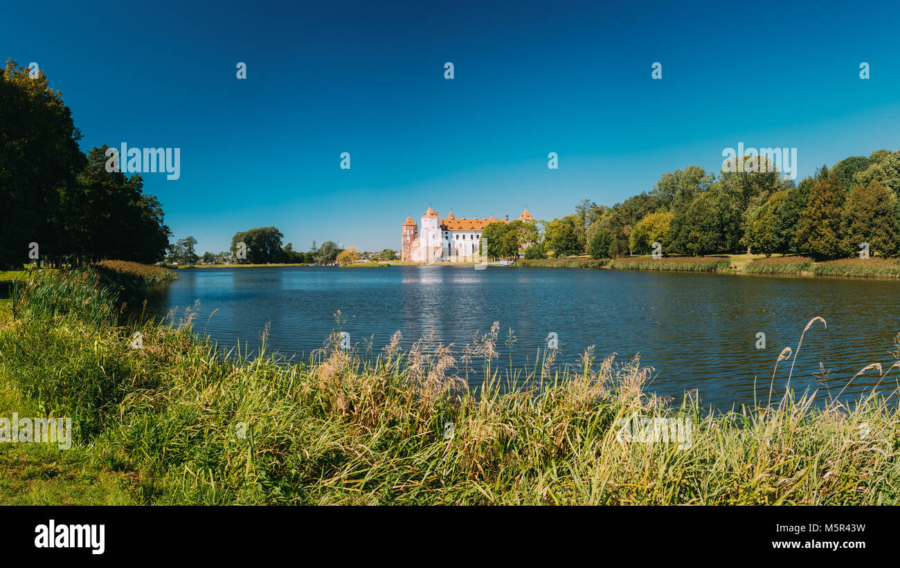 Mir, Belarus. Panoramic View Of Mir Castle Complex From Side Of Lake ...