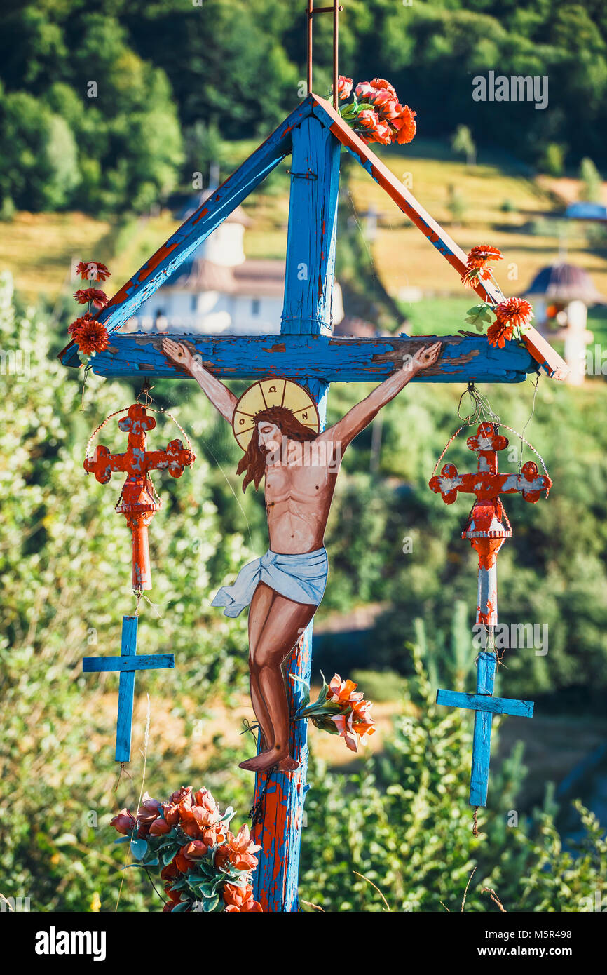 Solitary traditional cross symbol in the mountains, Transylvania ...