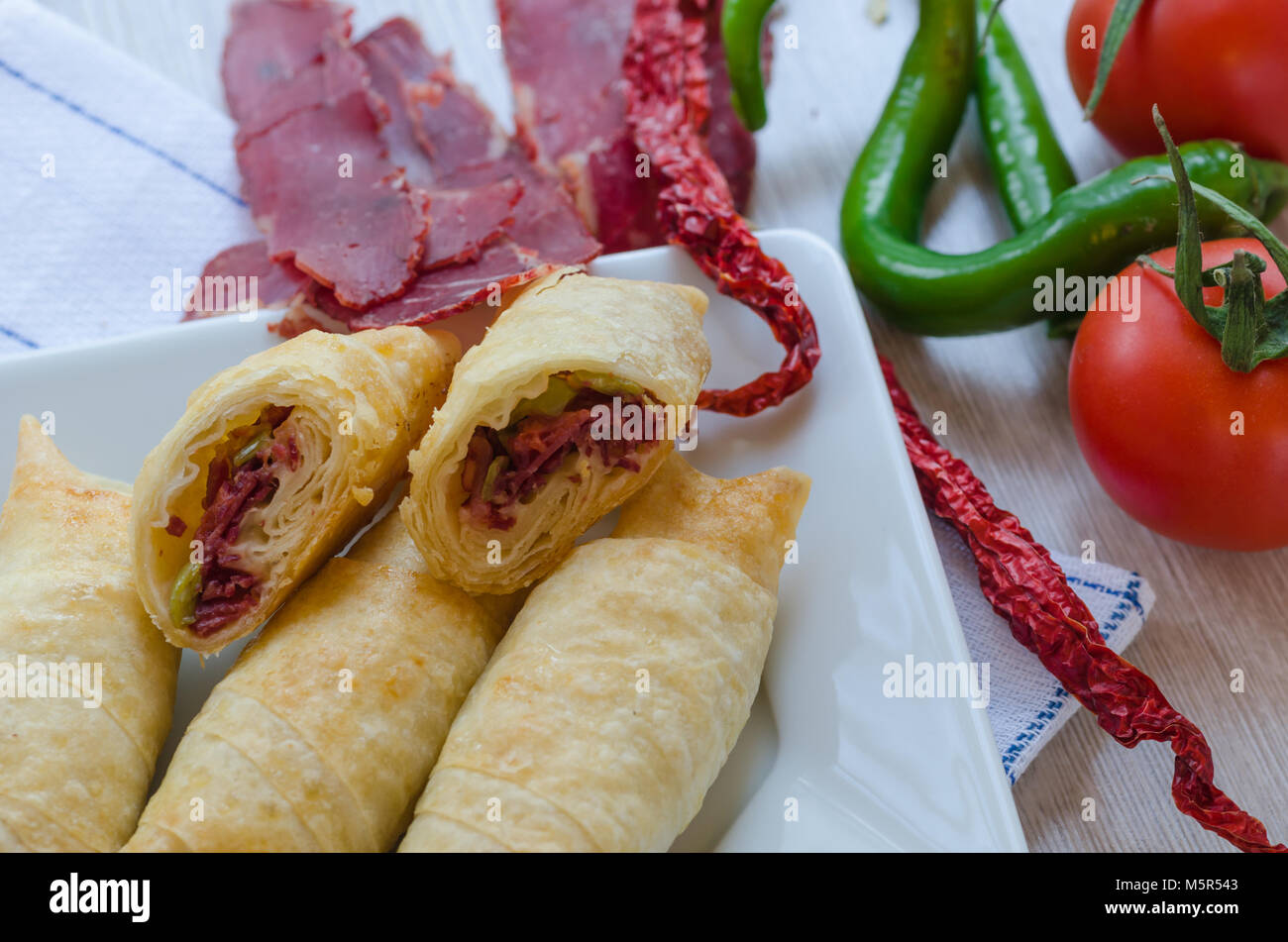 Turkish Pacanga Boregi with pastirma and cheese. / Pastirmali Borek ...
