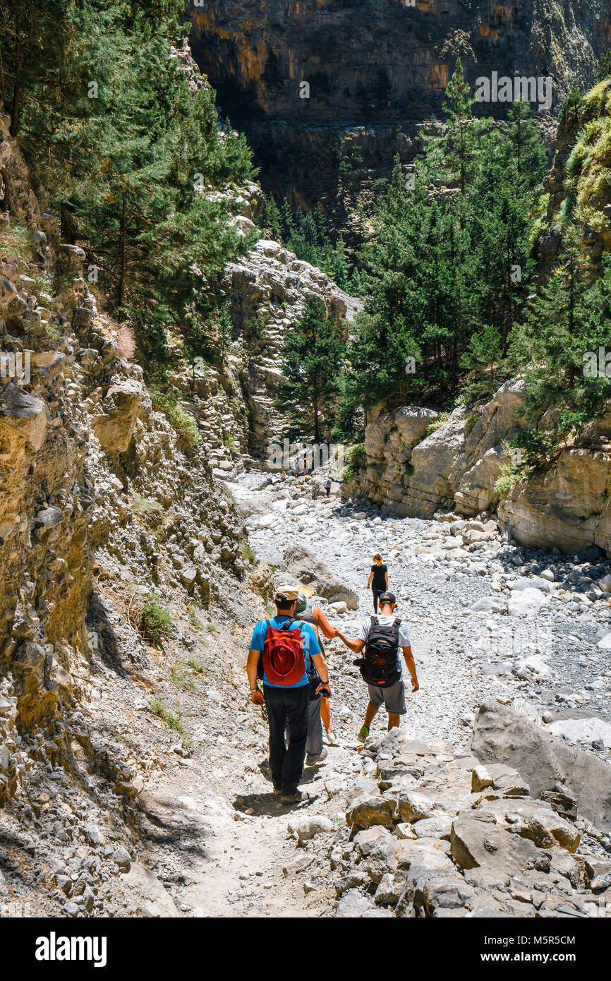 Crete, Greece, May 26, 2016: Tourists hike in Samaria Gorge in central ...