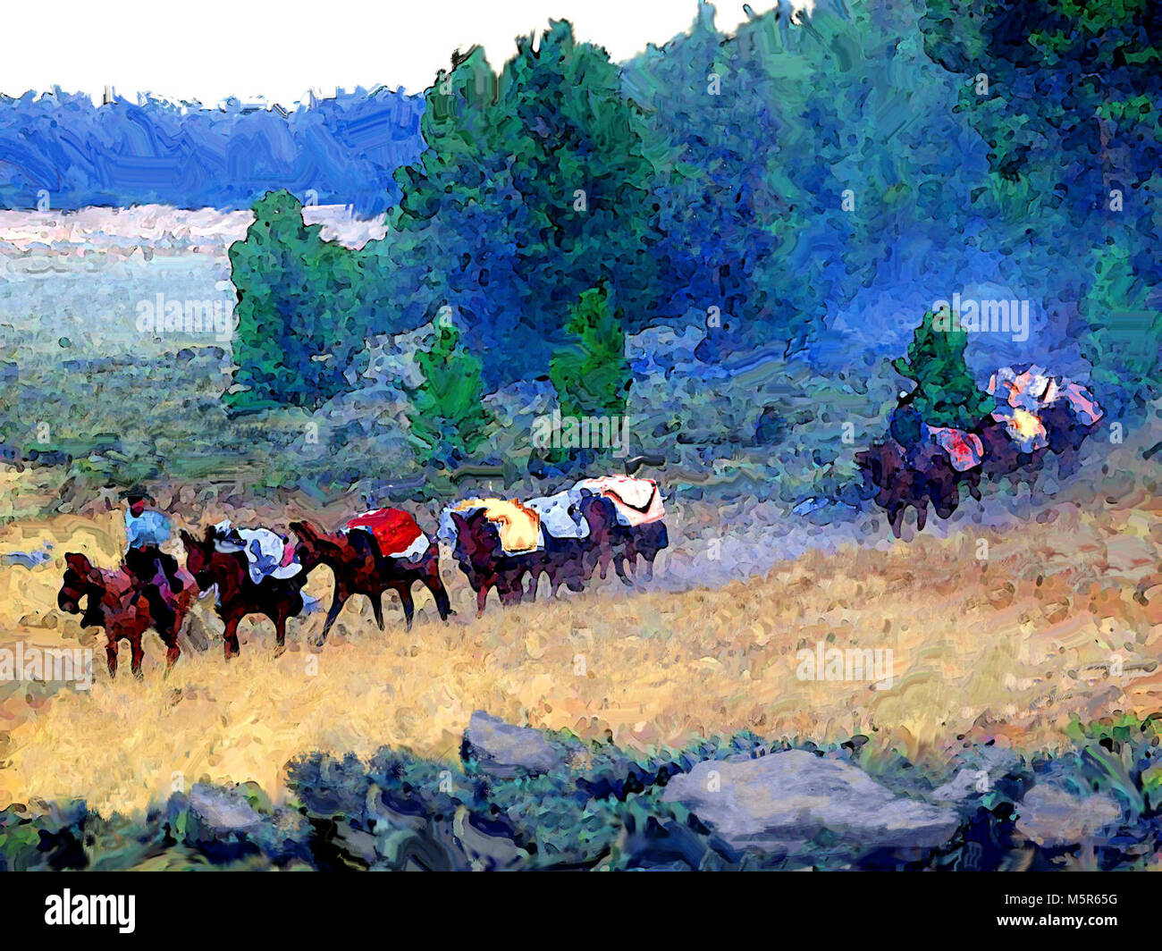 Mule Train with Colorful Blankets, Old Spanish Trail . Illustration ...