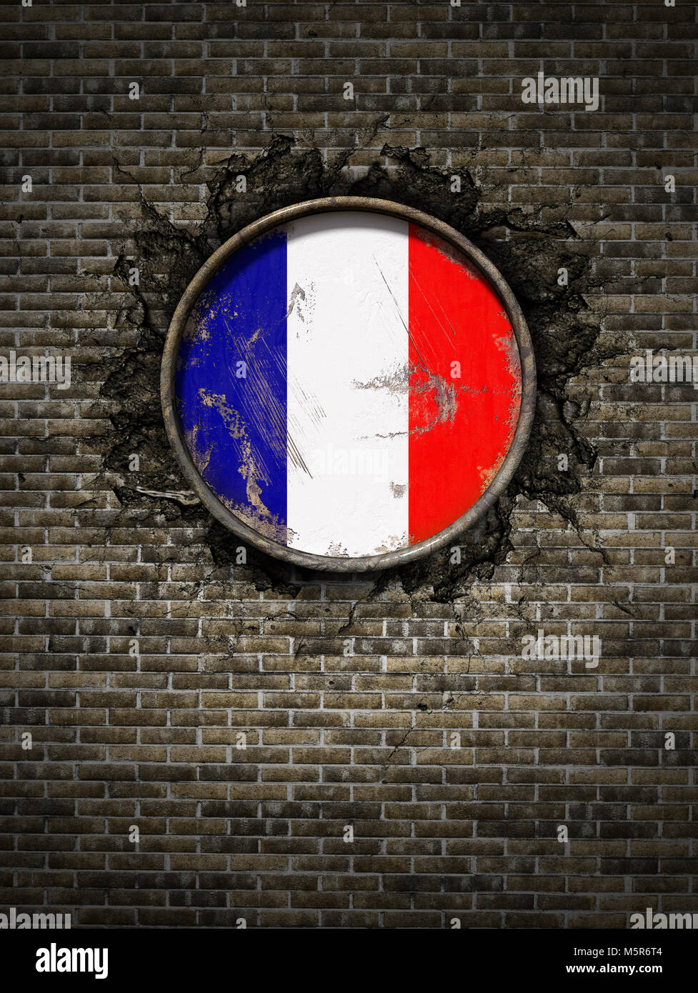 3d rendering of a France flag over a rusty metallic plate embedded on ...