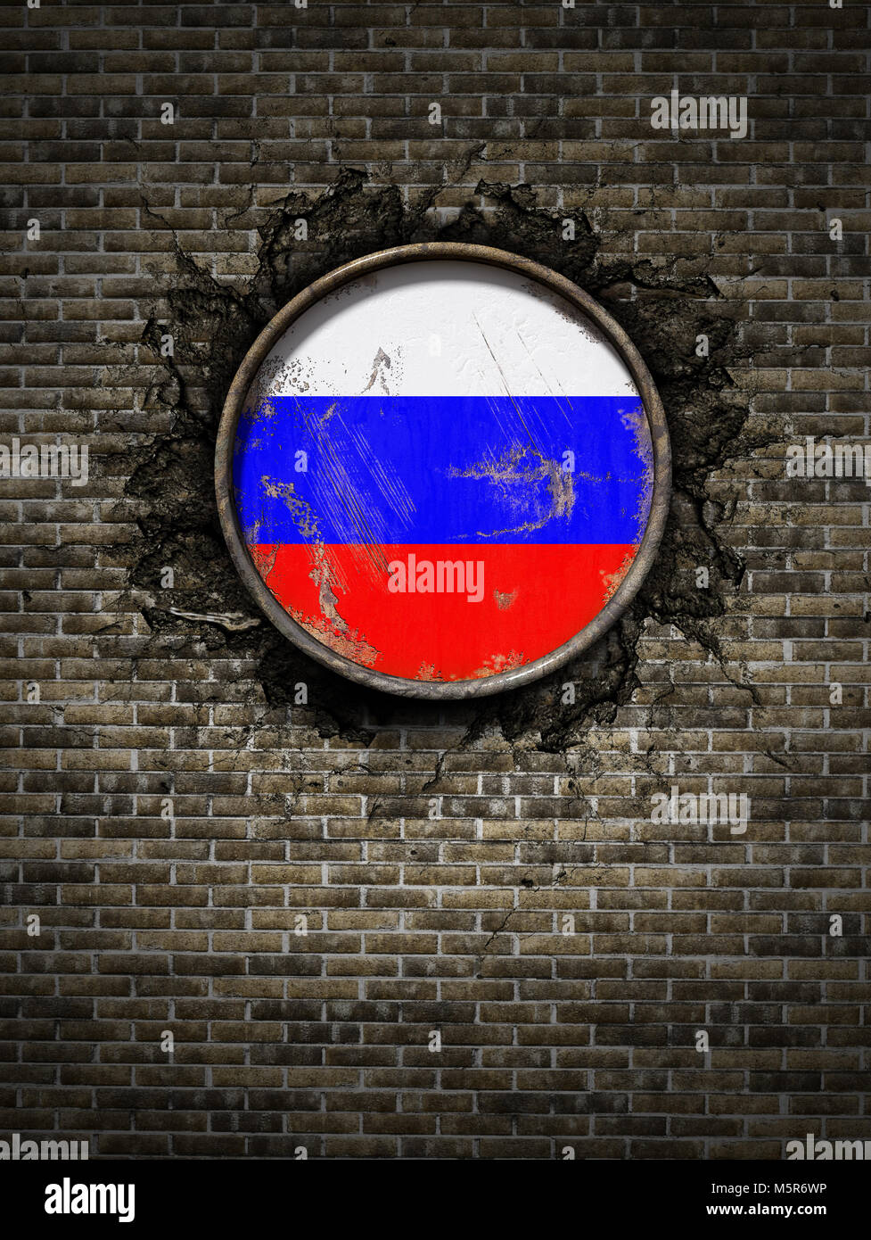 3d rendering of a Russian Federation flag over a rusty metallic plate ...