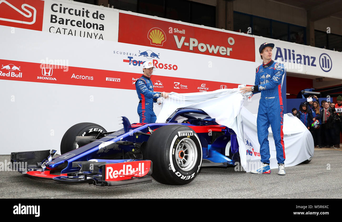 Toro Rosso drivers Brendon Hartley (right) and Pierre Gasly during day ...
