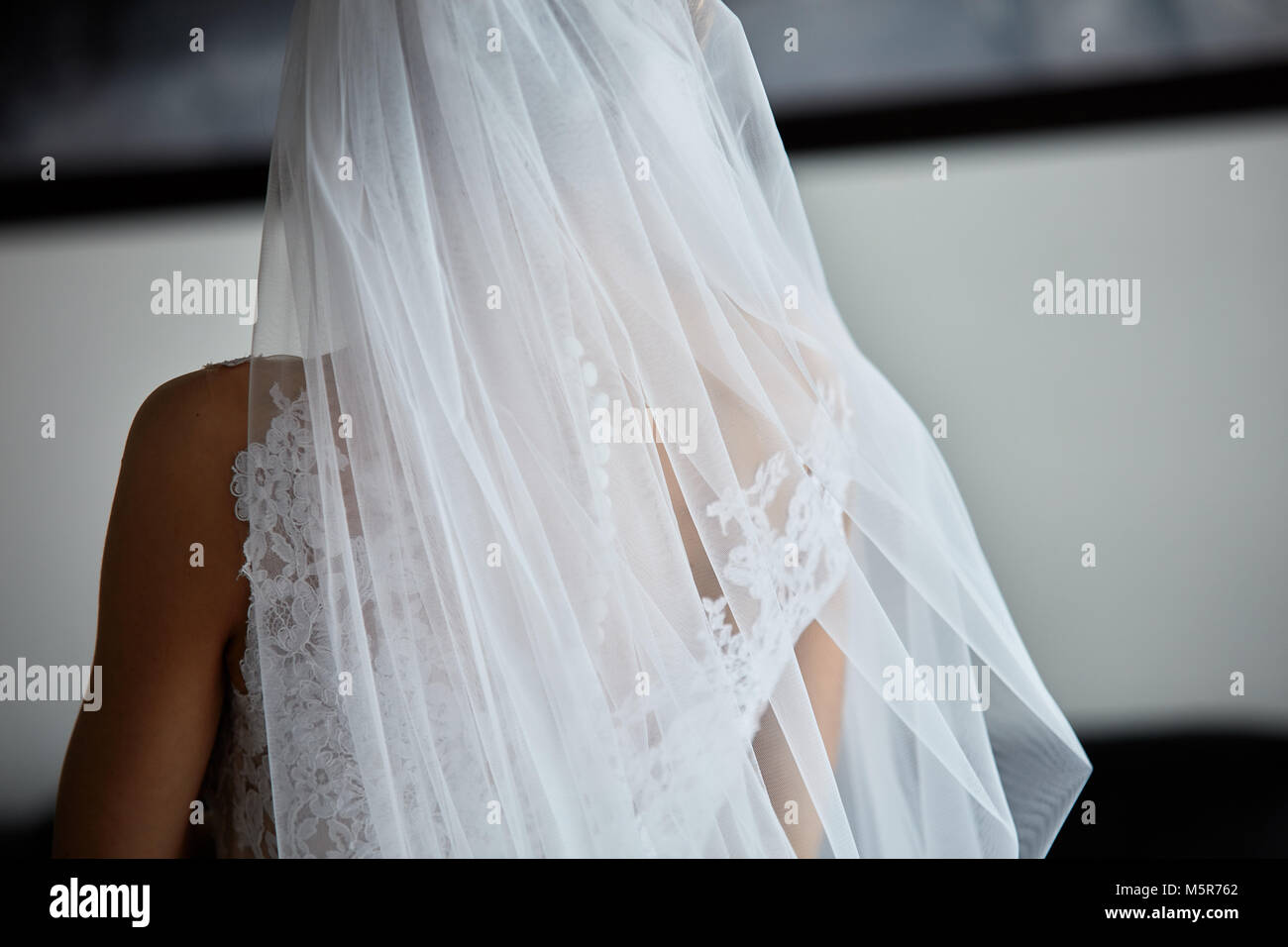 Bride's beautiful back in fantastic white wedding dress Stock Photo - Alamy