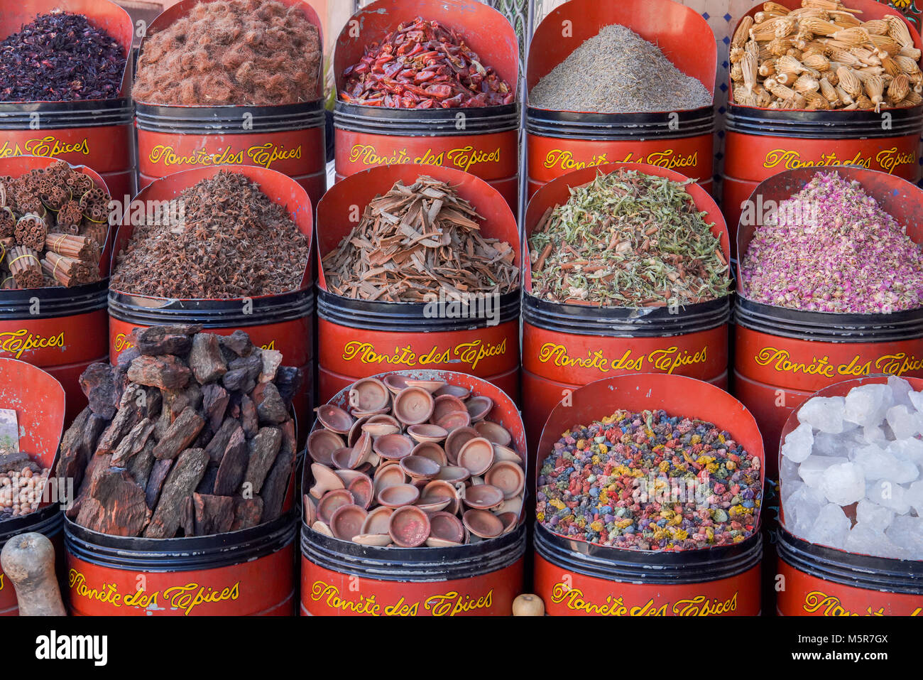 Colorful display of products from flowers and plants, Marrakesh ...
