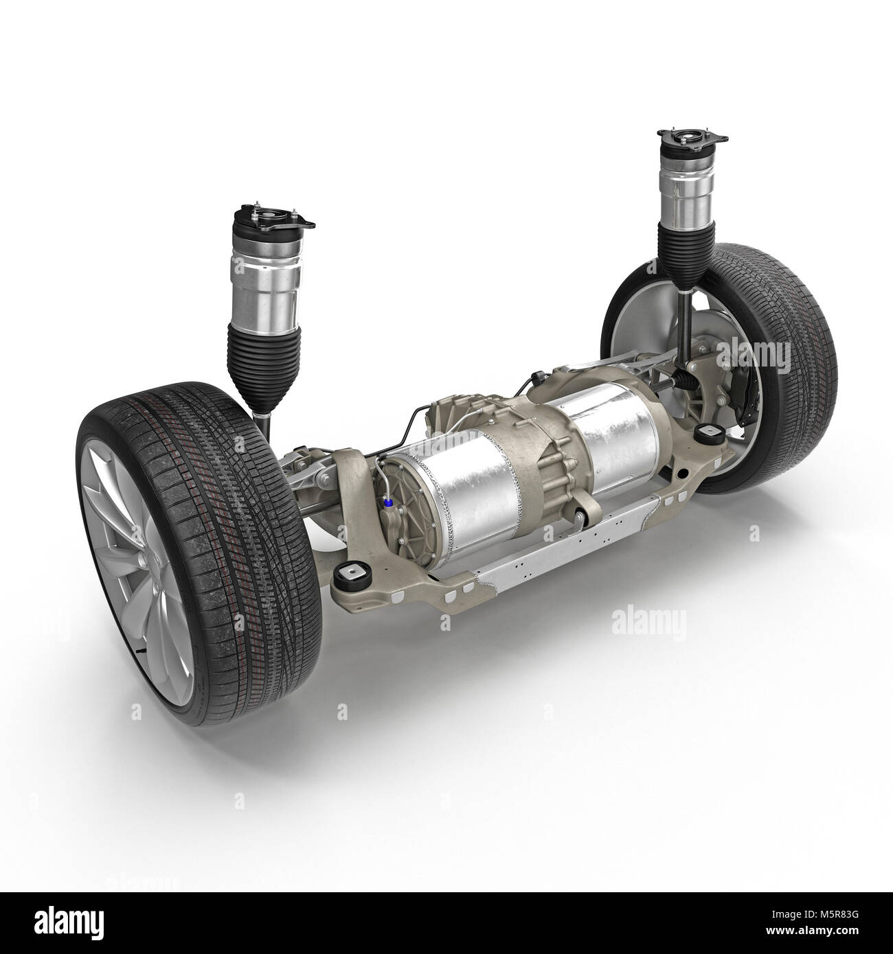 Electric car back suspension with new tire on white. 3D illustration ...