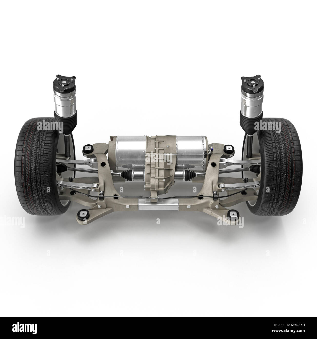 Electric car back suspension with new tire on white. 3D illustration ...