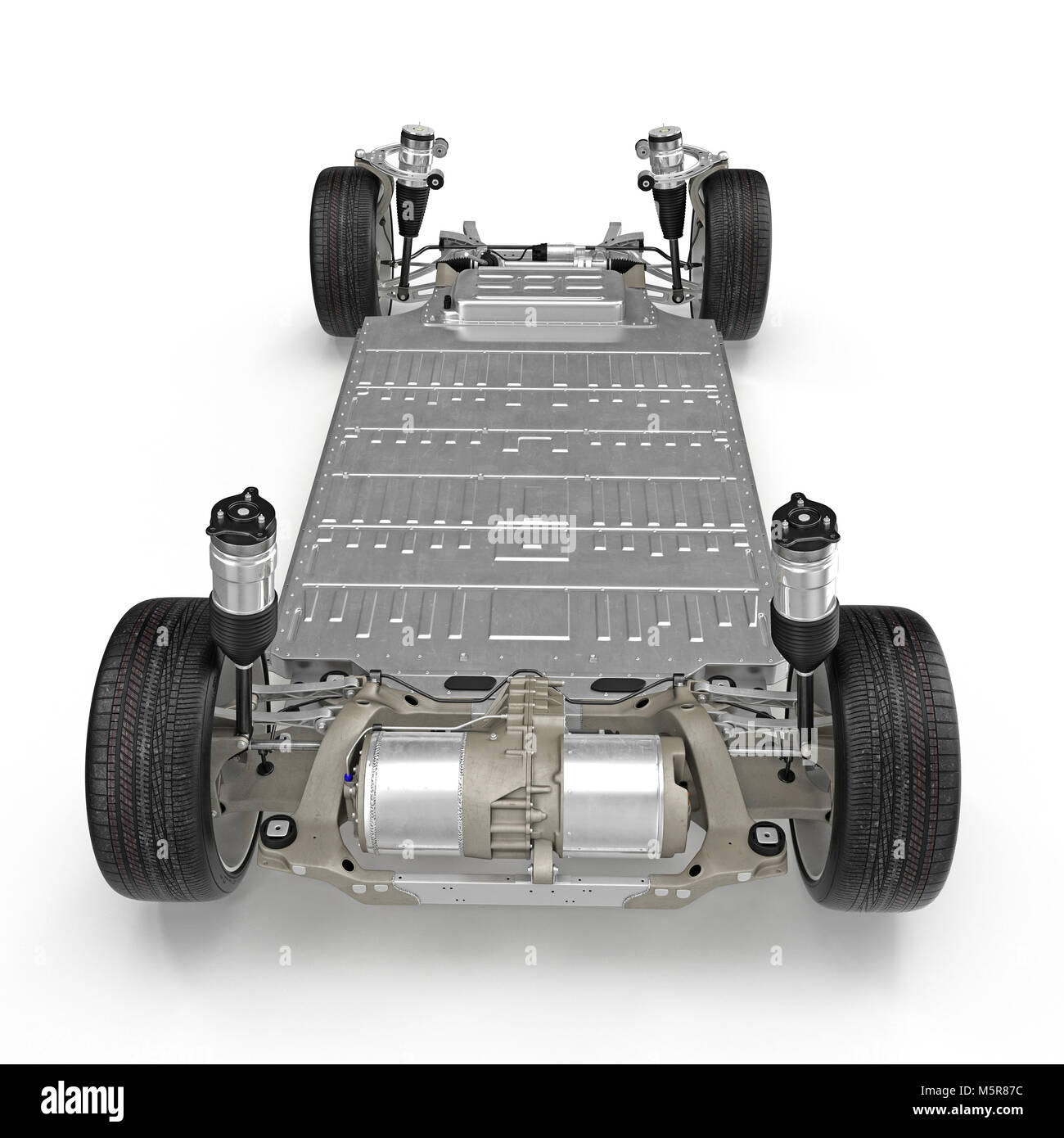 Electric car chassis with battery on white. Rear view. 3D illustration ...